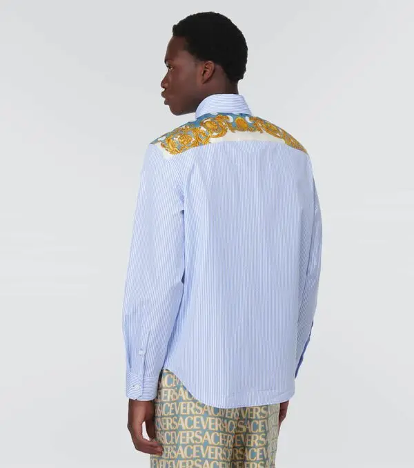Versace Embroidered Pinstriped Cotton Shirt - Blue