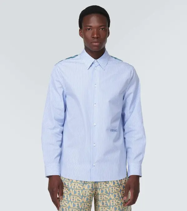 Versace Embroidered Pinstriped Cotton Shirt - Blue