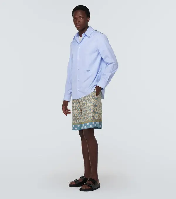 Versace Embroidered Pinstriped Cotton Shirt - Blue