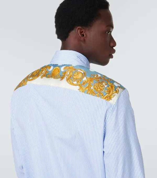 Versace Embroidered Pinstriped Cotton Shirt - Blue