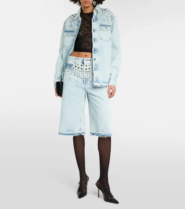 Alessandra Rich Embellished Denim Bermuda Shorts