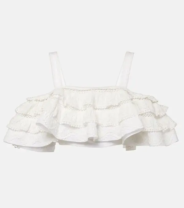 Carolina Herrera Embroidered Ruffled Cotton Crop Top - White