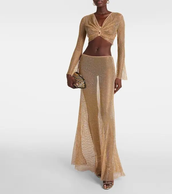 SELF-PORTRAIT Crystal-embellished Mesh Maxi Skirt