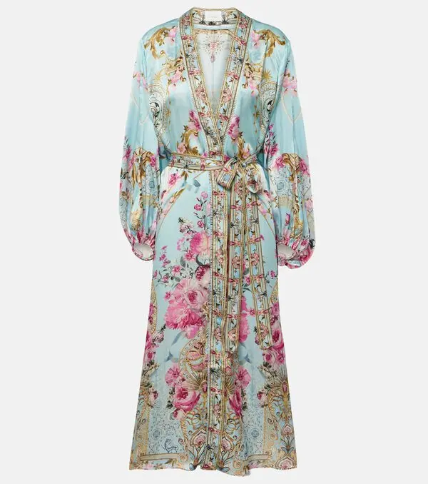 Camilla Embellished Floral Silk Satin Robe - Multicoloured