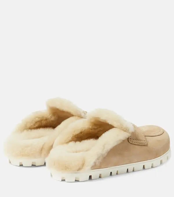 Miu Miu Shearling-lined Suede Slippers - Beige