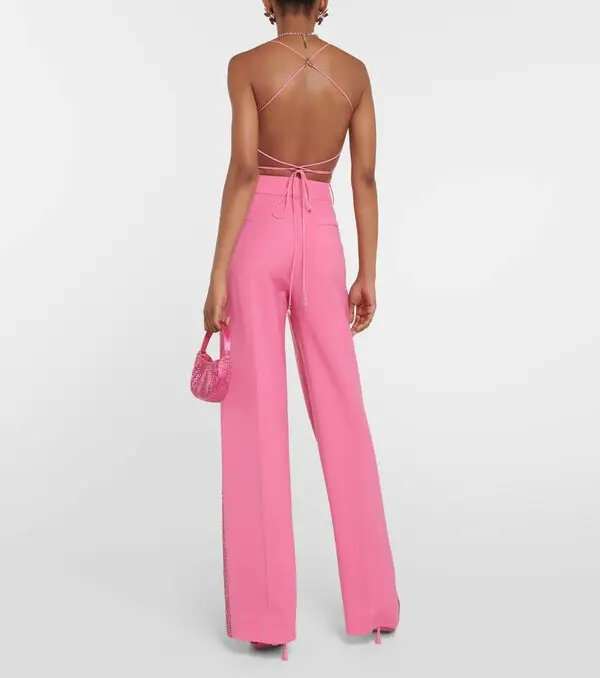 AREA Embellished Wool Wide-leg Pants