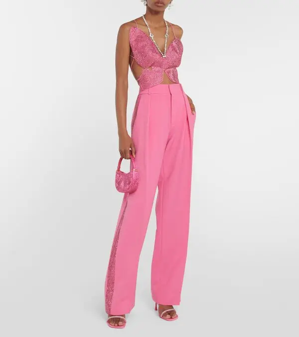 AREA Embellished Wool Wide-leg Pants