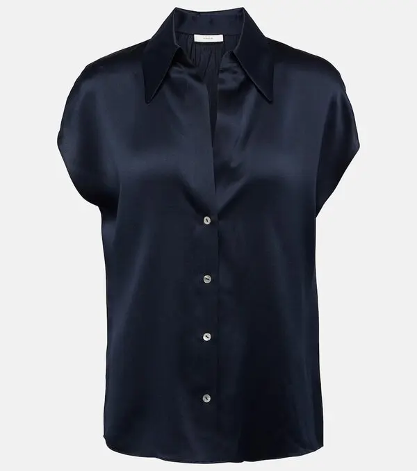 Vince Ruched Silk Satin Blouse - Blue