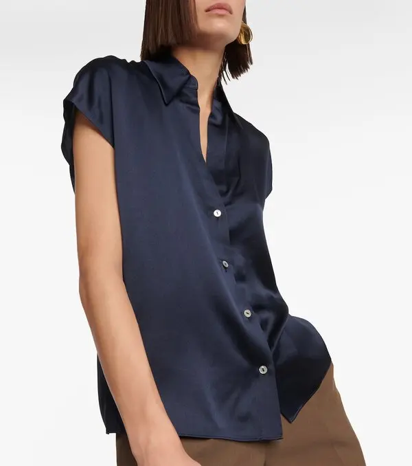 Vince Ruched Silk Satin Blouse - Blue