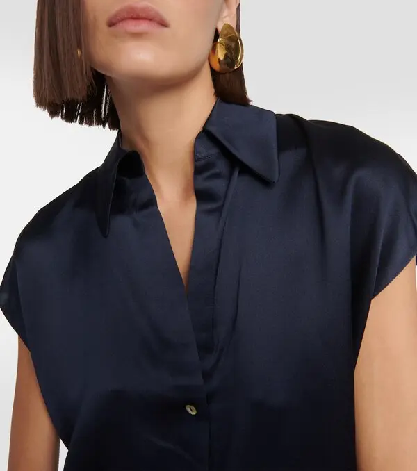 Vince Ruched Silk Satin Blouse - Blue