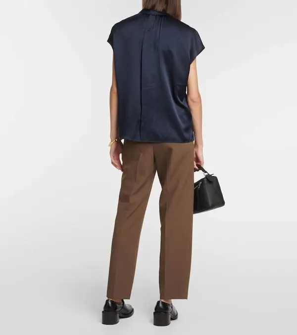 Vince Ruched Silk Satin Blouse - Blue