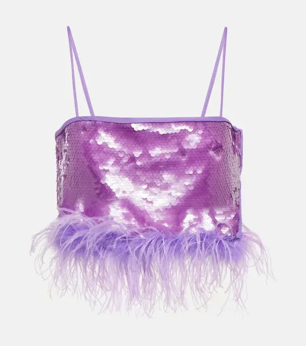 Giuseppe Di Morabito Feather-trimmed Sequined Crop Top - Purple