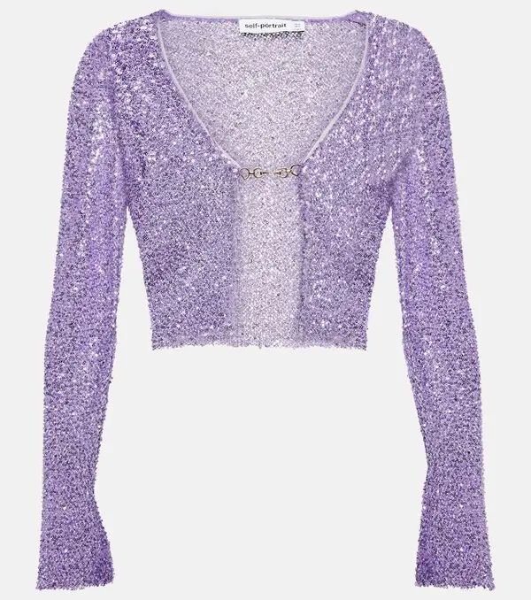 SELF-PORTRAIT Sequined Cropped Cardigan - Purple