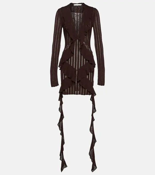 DION LEE Ruffled Pointelle Minidress - Brown