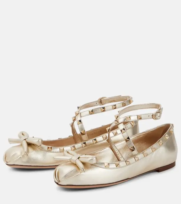 Valentino Garavani Rockstud Metallic Leather Ballet Flats - Gold