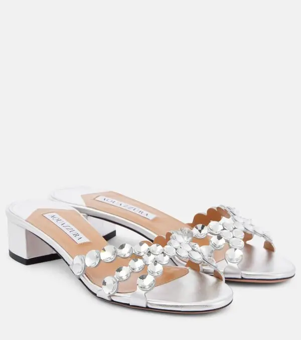 AQUAZZURA Crystal Mirage Embellished Leather Mules - Silver