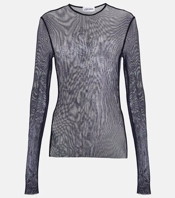 JEAN PAUL GAULTIER Crystal-embellished Printed Mesh Top