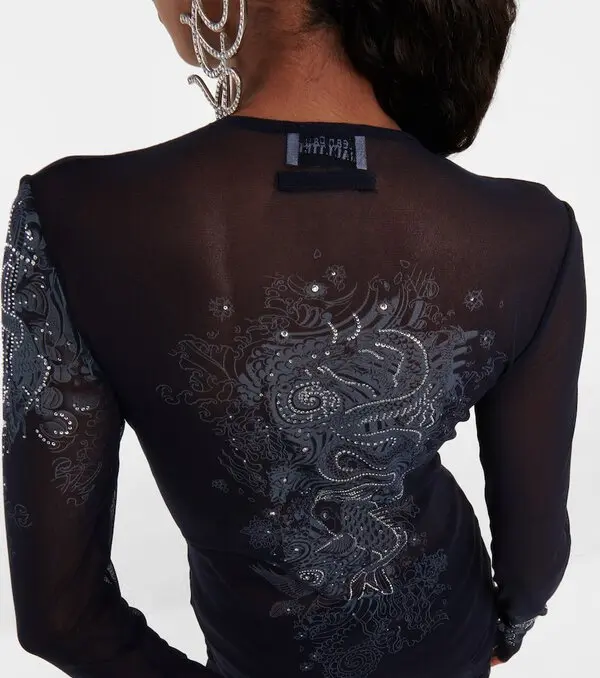 JEAN PAUL GAULTIER Crystal-embellished Printed Mesh Top