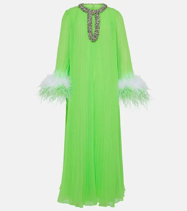 SELF-PORTRAIT Pleated Feather-trimmed Chiffon Gown