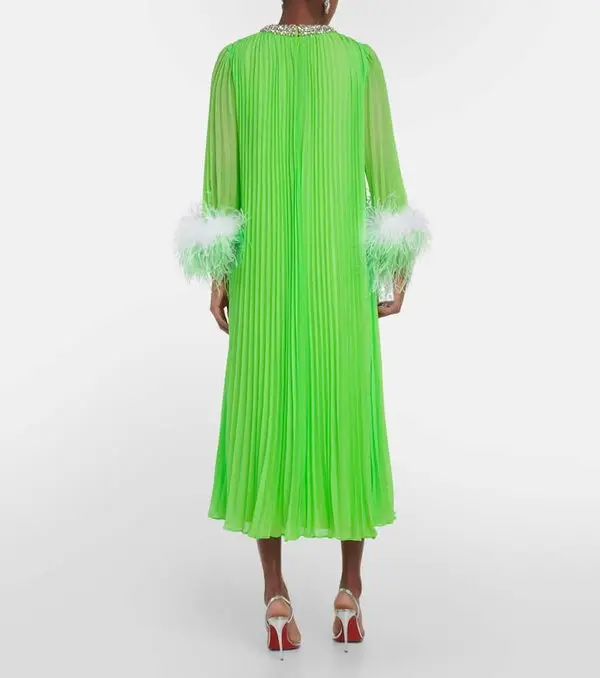 SELF-PORTRAIT Pleated Feather-trimmed Chiffon Gown