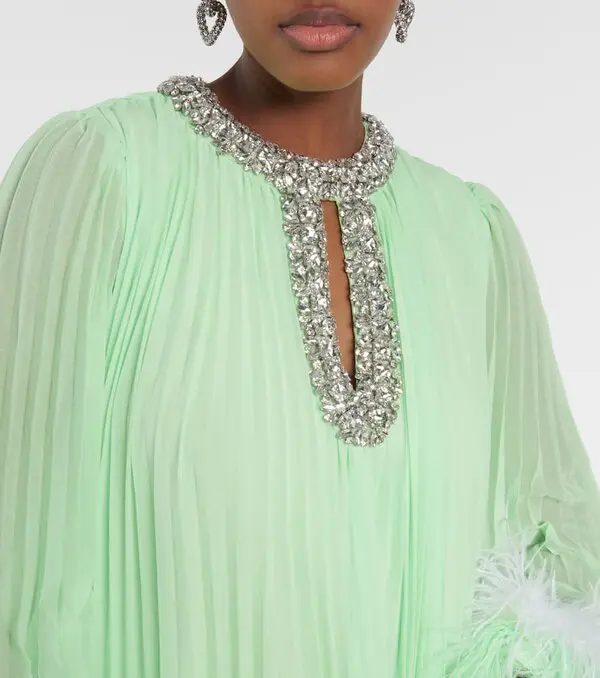 SELF-PORTRAIT Pleated Feather-trimmed Chiffon Gown