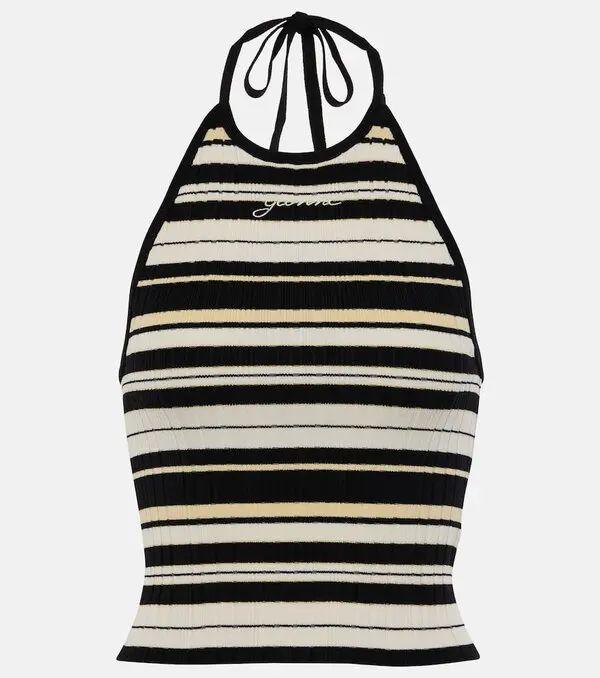 GANNI Logo Ribbed-knit Halterneck Top