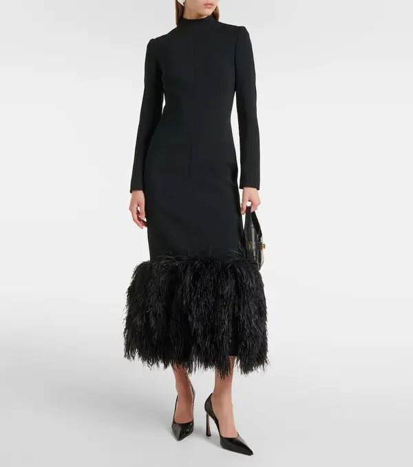 David Koma Feather-trimmed Cady Midi Dress