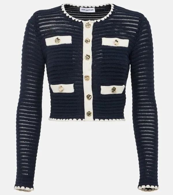 SELF-PORTRAIT Crochet Knit Cardigan - Blue