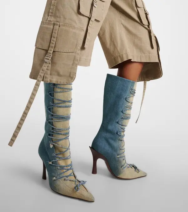 Acne Studios Bitten Denim Knee-high Lace-up Boots