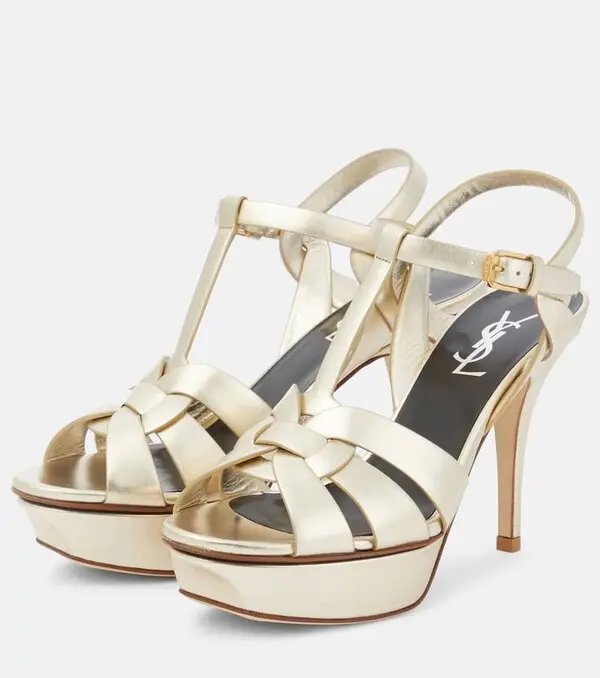 Saint Laurent Tribute 105 Leather Platform Sandals - Metallic