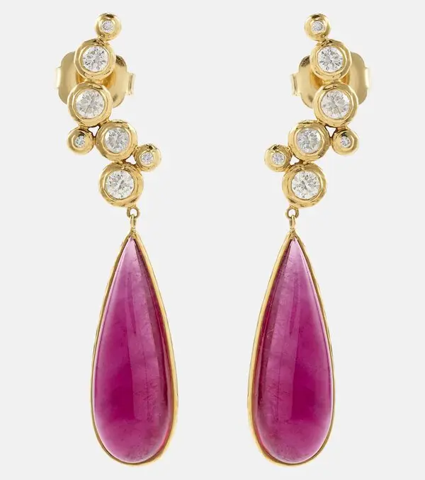 OCTAVIA ELIZABETH Floating Nesting Gem 18kt Gold Drop Earrings With Diamonds And Rubellites - Multicoloured