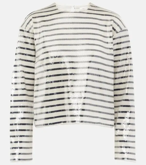 FRAME Sequined Striped Cotton Top - White