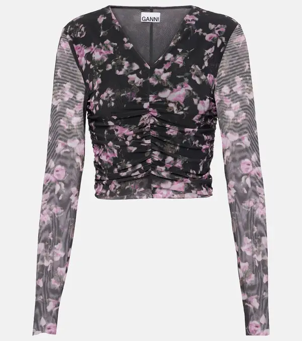 GANNI Ruched Floral Mesh Crop Top - Multicoloured