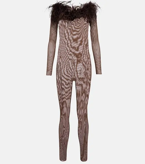 Oseree Feather-trimmed Mesh Jumpsuit - Brown