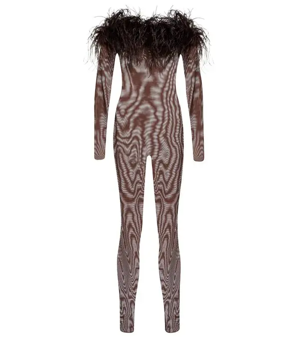 Oseree Feather-trimmed Mesh Jumpsuit