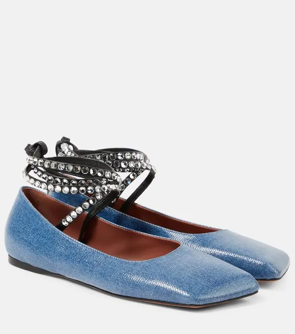 Amina Muaddi Embellished Denim Ballet Flats