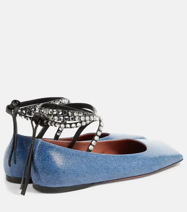 Amina Muaddi Embellished Denim Ballet Flats