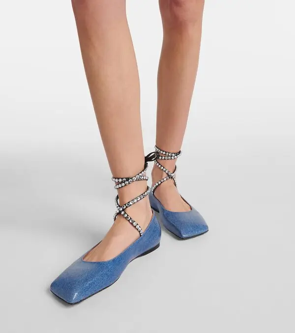 Amina Muaddi Embellished Denim Ballet Flats