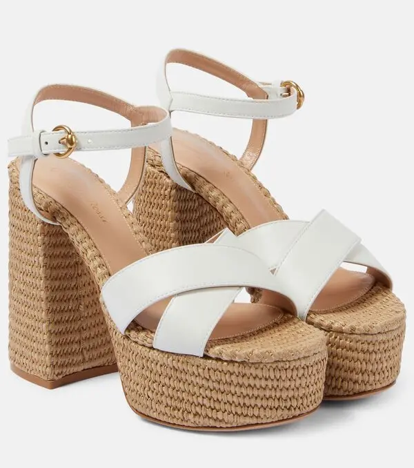 GIANVITO ROSSI Leather Platform Raffia Sandals - White
