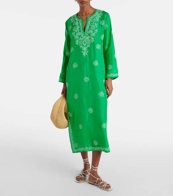 JULIET DUNN Embroidered Silk Kaftan - Green