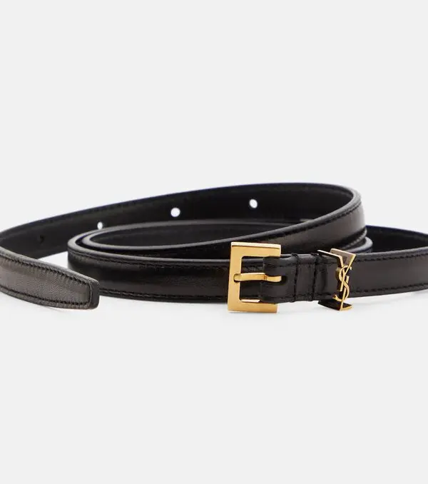 Saint Laurent Cassandre Slim Leather Belt - Black
