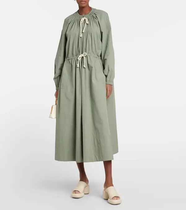 JIL SANDER Drawstring Cotton Poplin Midi Dress