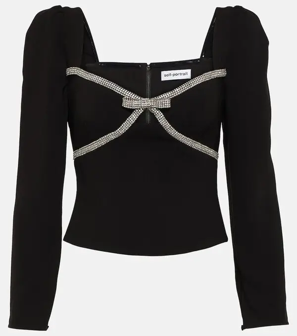 SELF-PORTRAIT Bow Embellished Crepe Crop Top - Black