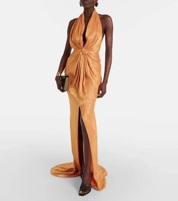 Costarellos Joa Gathered Halterneck Gown - Orange