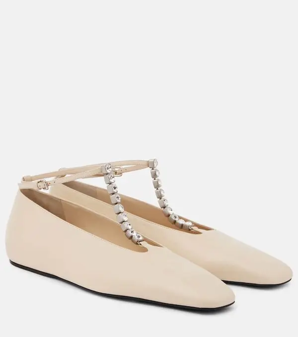 JIL SANDER Crystal-embellished Leather Ballet Flats - White