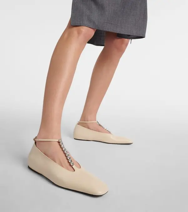 JIL SANDER Crystal-embellished Leather Ballet Flats
