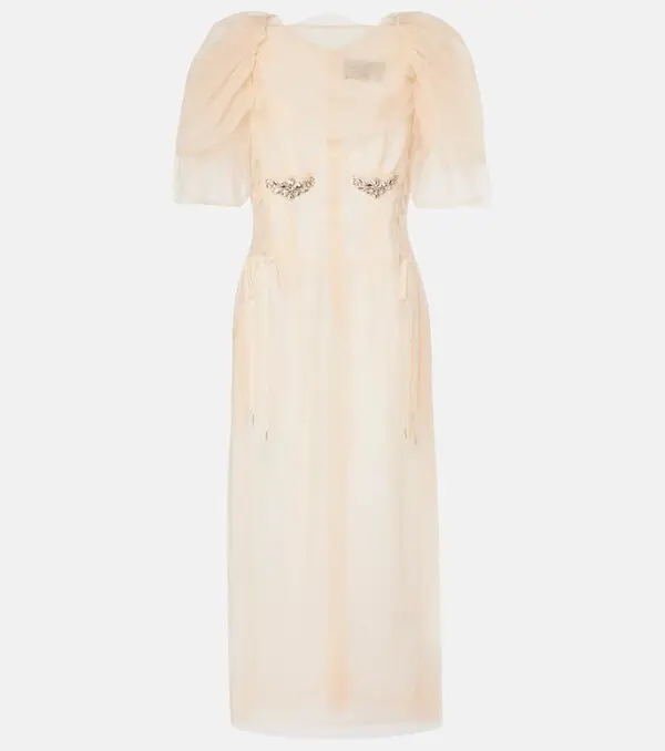 Simone Rocha Embellished Ruched Mesh Midi Dress
