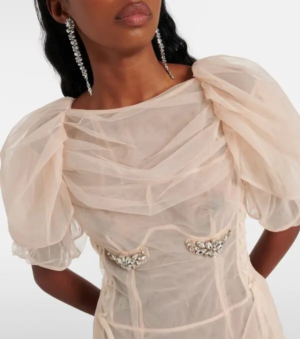 Simone Rocha Embellished Ruched Mesh Midi Dress