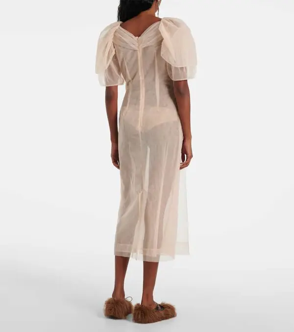 Simone Rocha Embellished Ruched Mesh Midi Dress