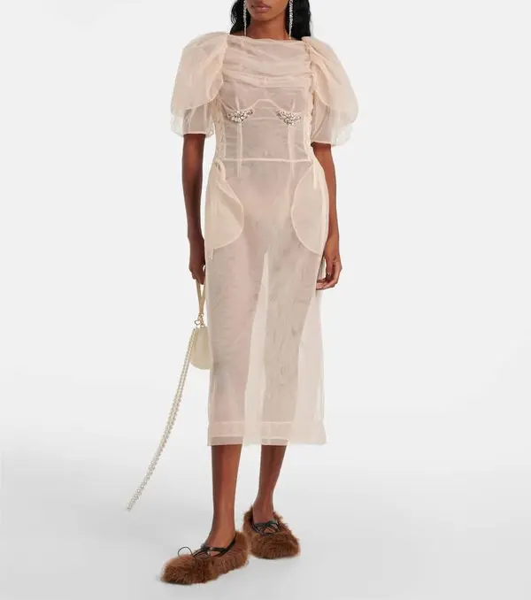 Simone Rocha Embellished Ruched Mesh Midi Dress